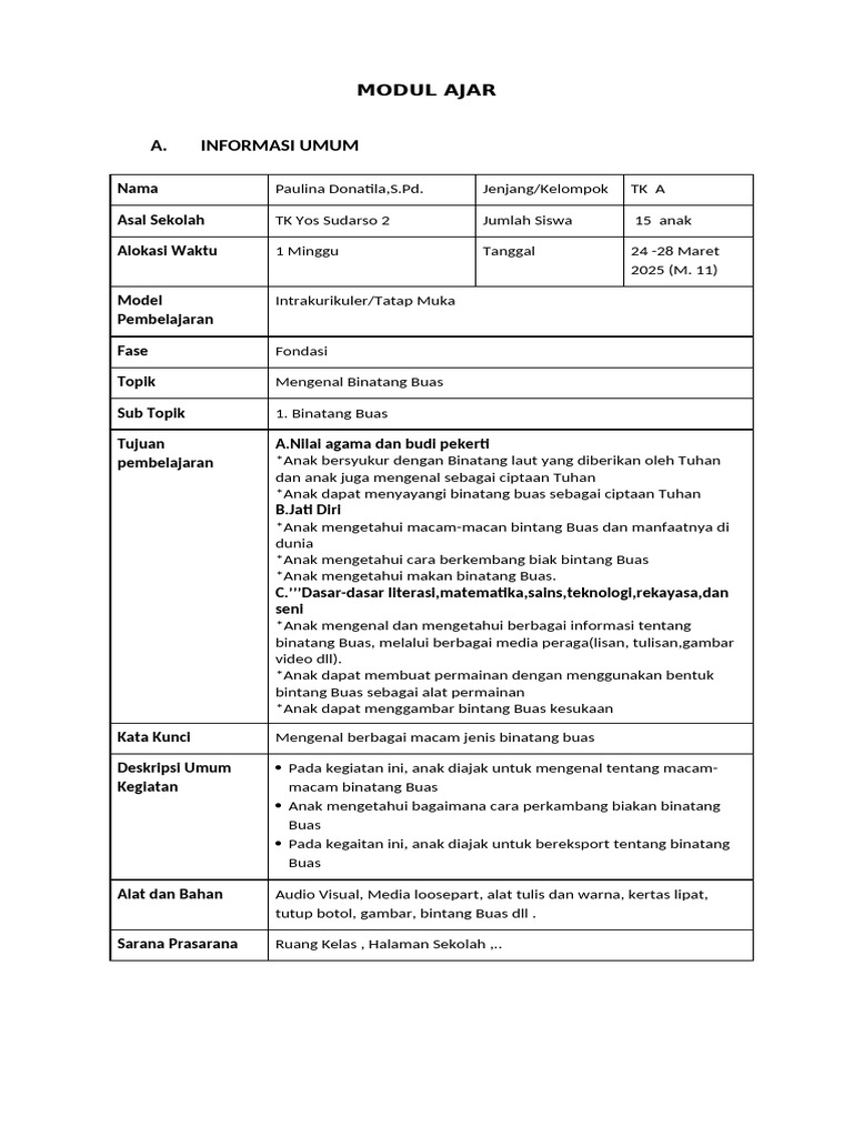 Modul Pembelajaran Binatang Buas TK A | PDF