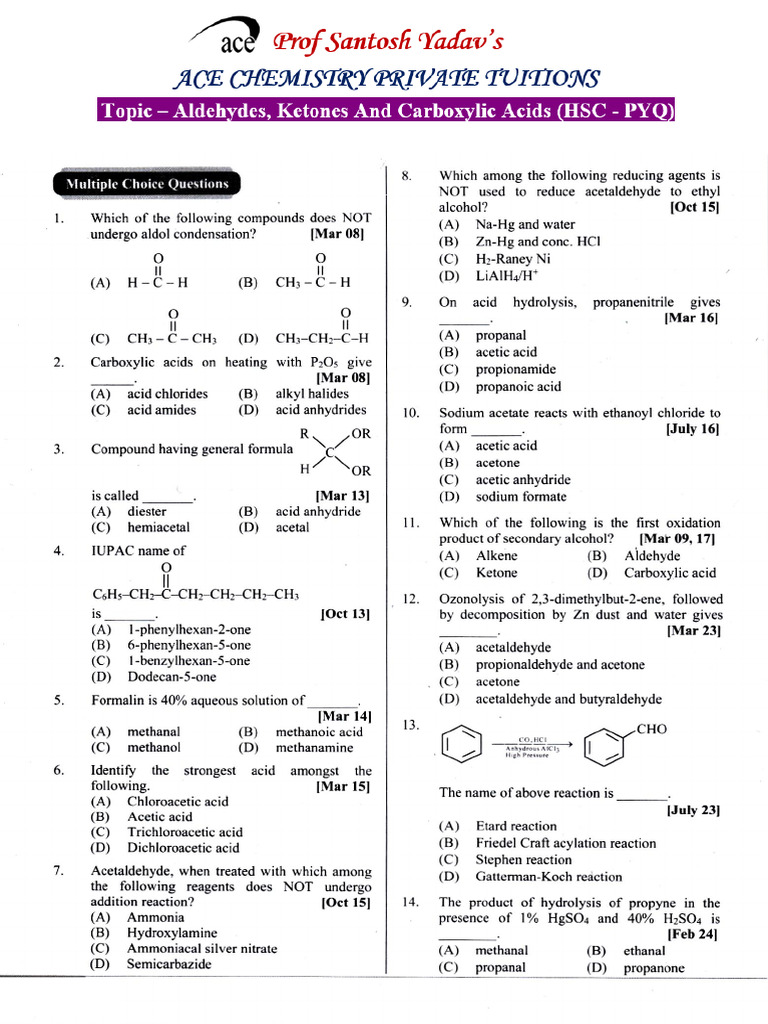 Aldehydes, Ketones and Carboxylic Acids - Hsc Pyq | PDF