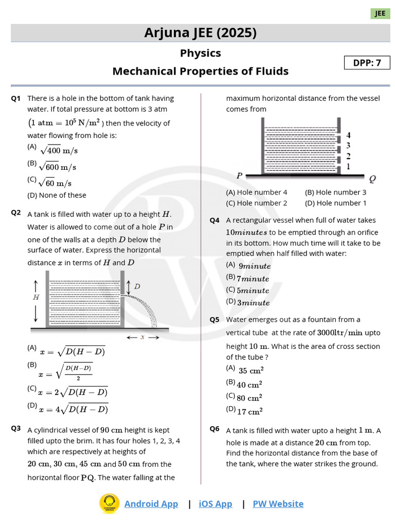 Mechanical Properties of Fluids - DPP 07 (Of Lec 12) - Arjuna JEE 2025 ...