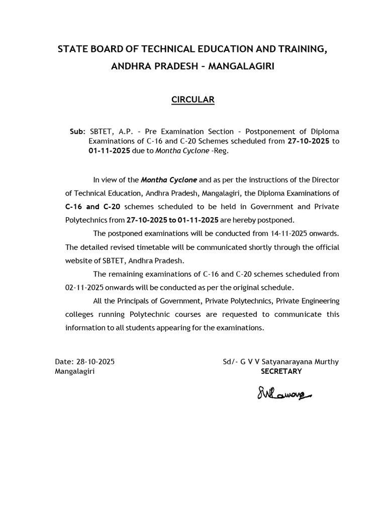 Postponement of Diploma C-16 & C-20 Examinations | PDF