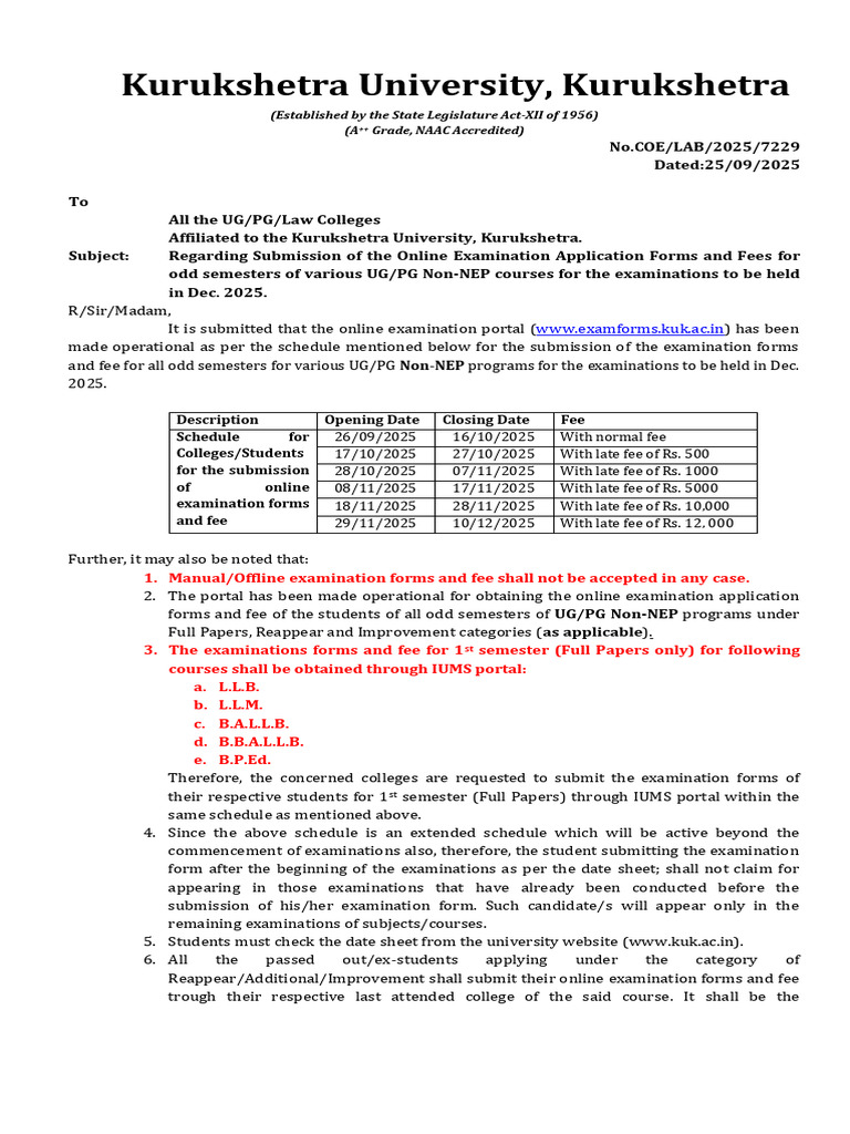 Kurukshetra University Exam Form Submission | PDF