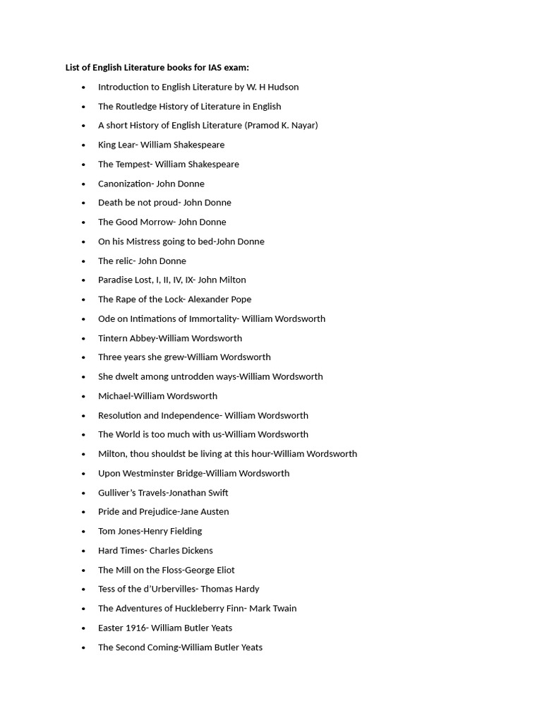 List of English Literature Books For IAS Exam | PDF | English ...