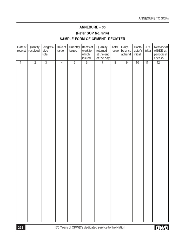 Cement Register Sample Form CPWD | PDF