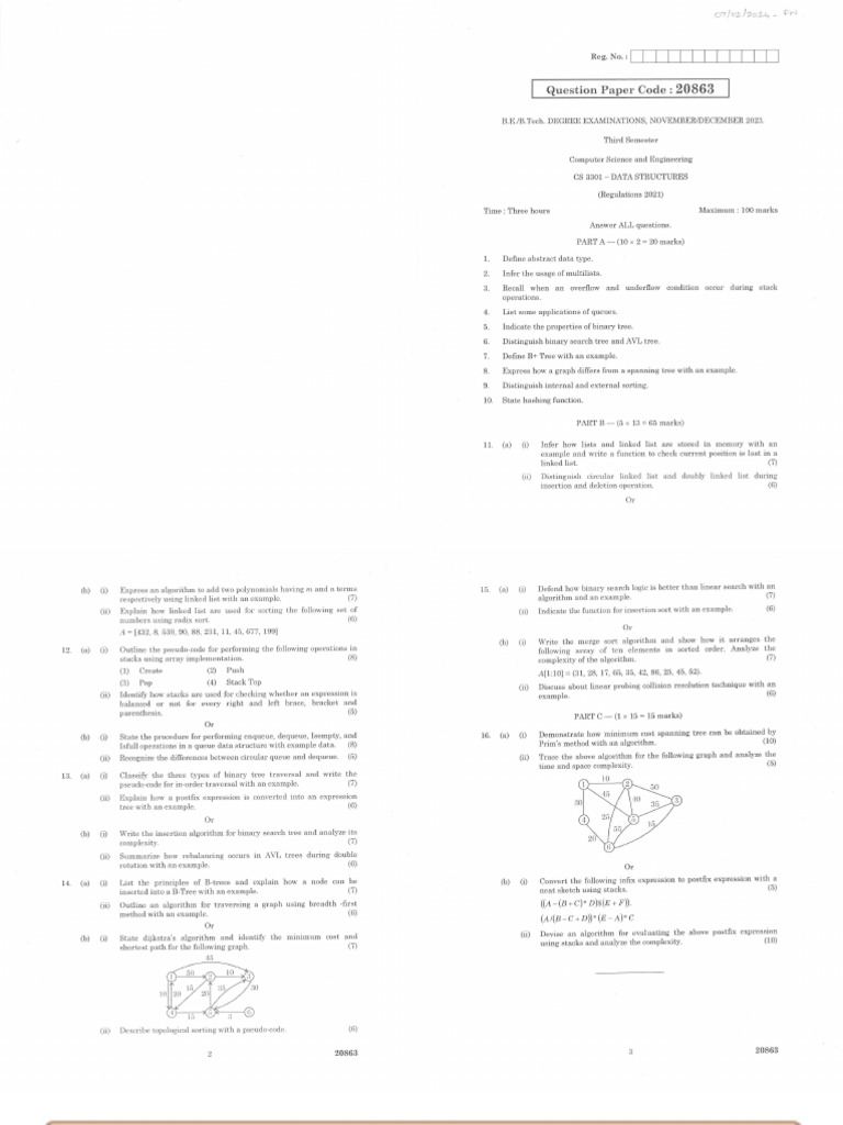 Data Structure - CS3301 2021 Regulation - Question Paper 2023 Nov Dec | PDF | Engineering ...
