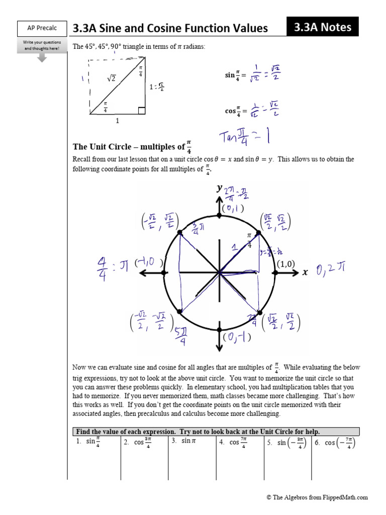 Unit Circle: Sine & Cosine Values | PDF | Circle | Geometric Measurement