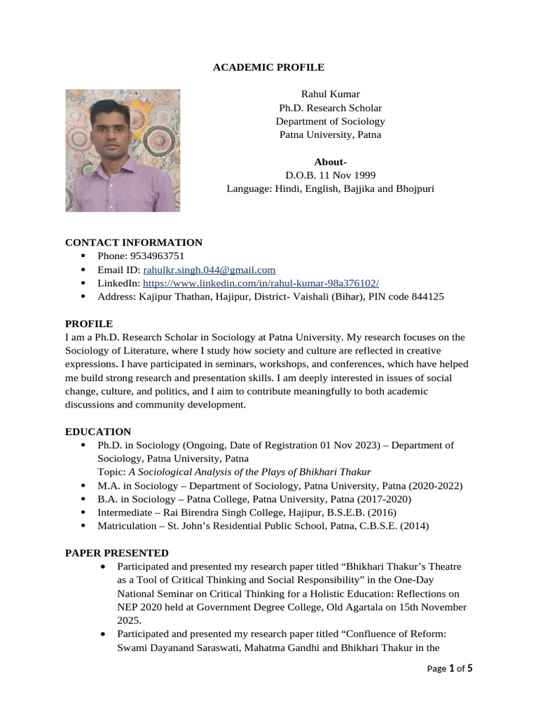 Rahul Kumar: Ph.D. Sociology Profile | PDF