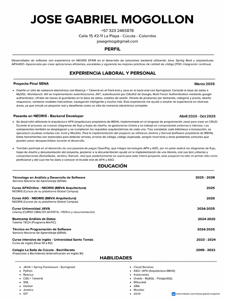 Cv Jose Gabriel Rojas Mogollon - 1093592249 | PDF