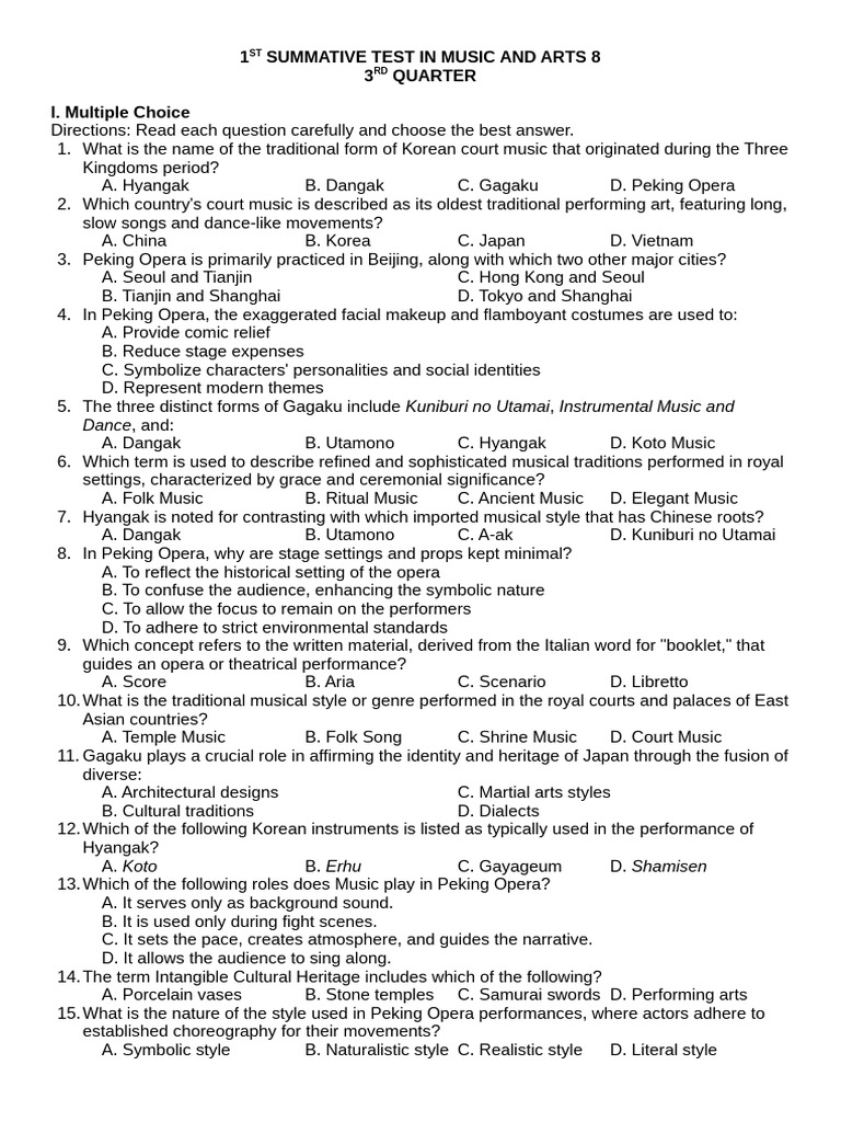1ST SUMMATIVE TEST IN MUSIC AND ARTS 8 | PDF | Beijing | Performing Arts