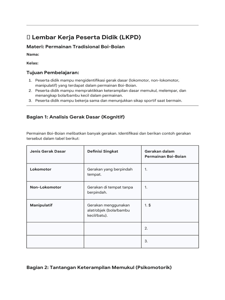 LKPD Permainan Tradisional Boi-Boian | PDF