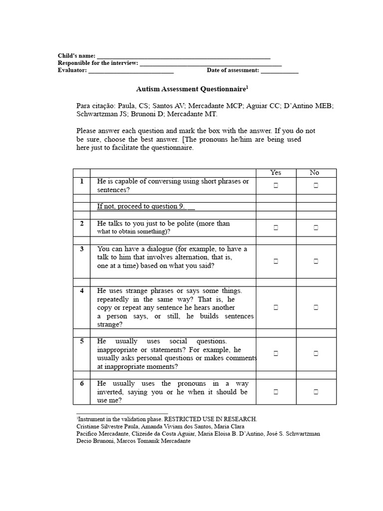 Autism Assessment Questionnaire | PDF | Behavioural Sciences ...