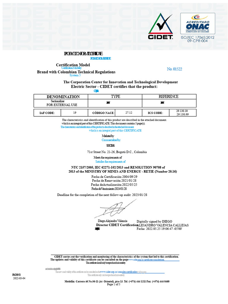 Product Certificate - Monopolar Knife Switch Type 15 KV - 400 A Socol S ...