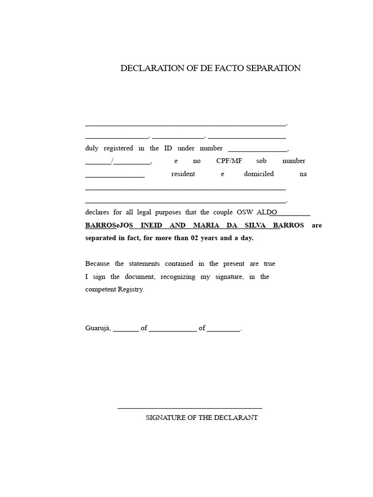 Declaration of de Facto Separation | PDF