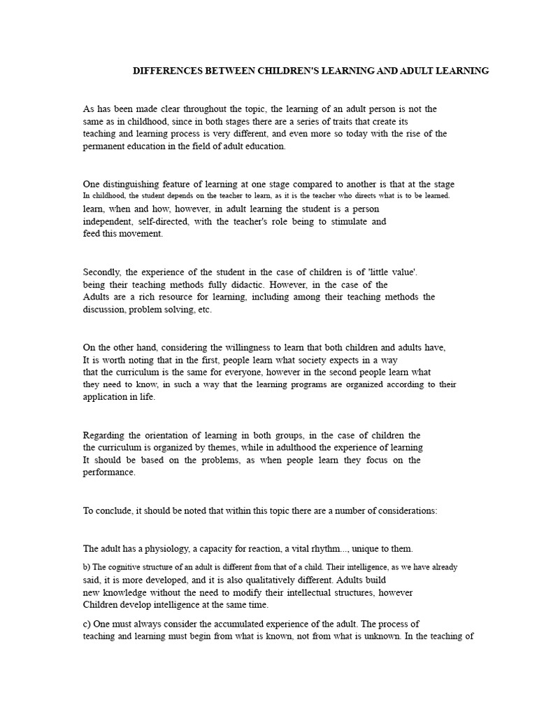 Child vs. Adult Learning Differences | PDF | Learning | Teachers