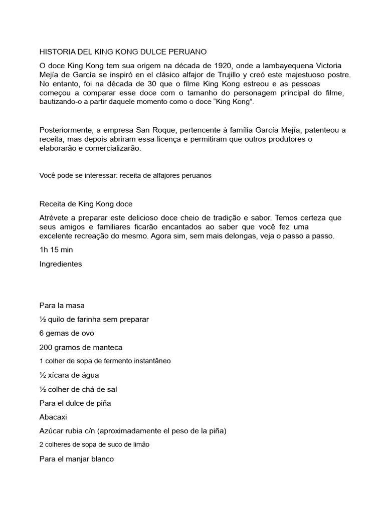 História Do King Kong Doce Peruano | PDF | Alimentos