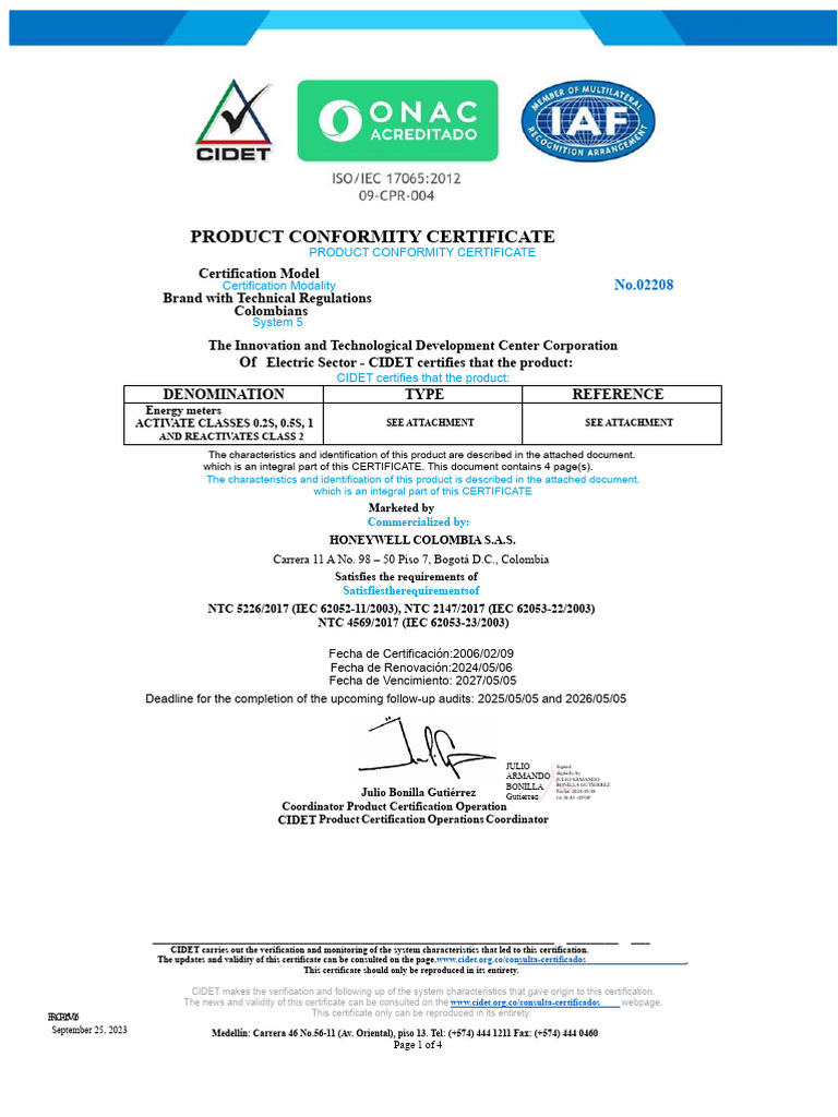 ELSTER A1800 Conformity Certificate | PDF | Electromagnetism | Electricity