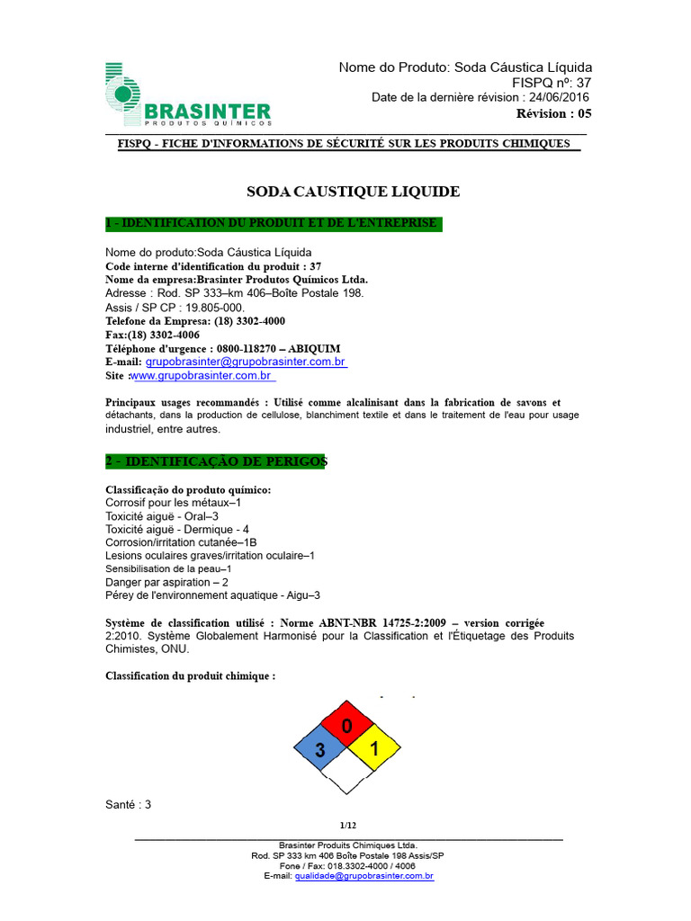 Fiche de sécurité : Soda Caustique Liquide | PDF | Hydroxyde de sodium ...
