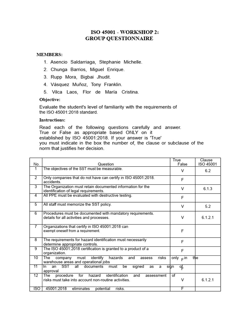 ISO 45001:2018 Group Questionnaire | PDF | Risk | Safety