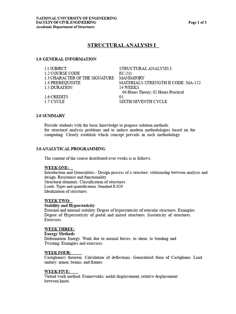 Structural Analysis I - Syllabus | PDF | Stiffness | Beam (Structure)