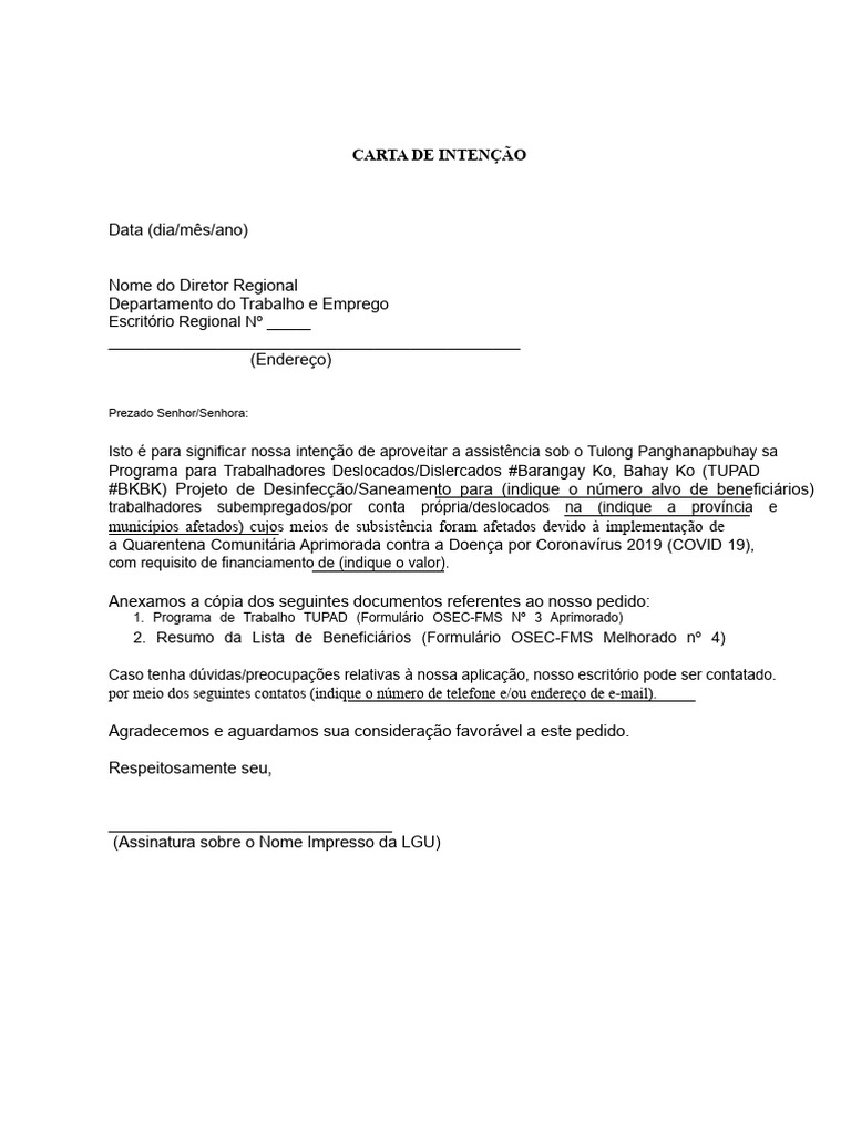Carta de Intenção para TUPAD COVID-19 | PDF