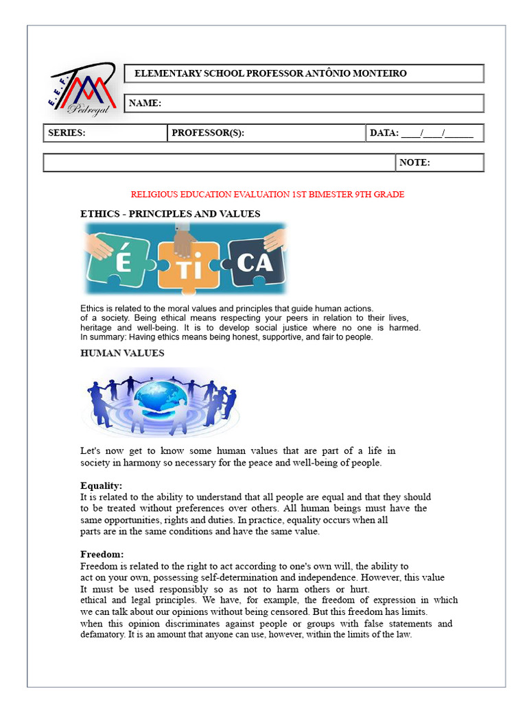 Evaluation 1st Bimester Religious Education 9th Grade | PDF | Social ...