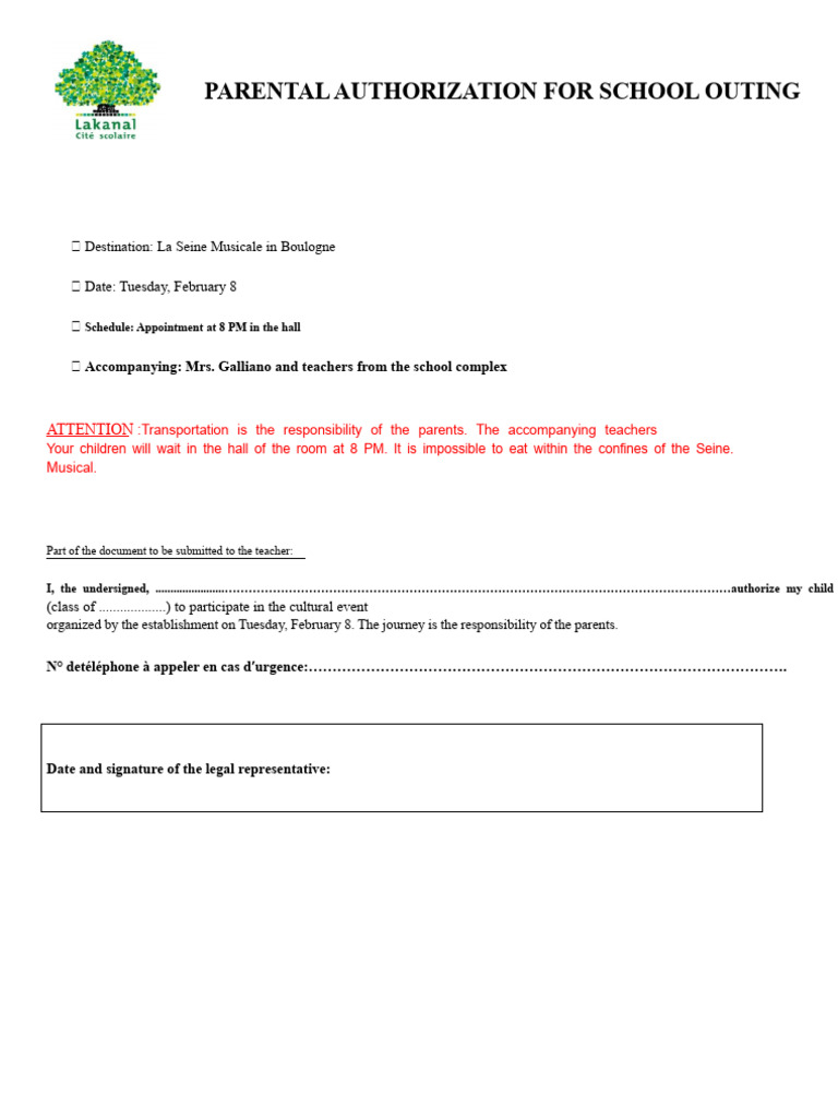 Parental Authorization For School Outing | PDF