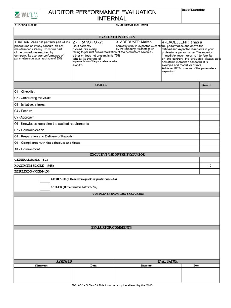 RQ. 002 - G Internal Auditor Performance Evaluation Rev03 | PDF ...