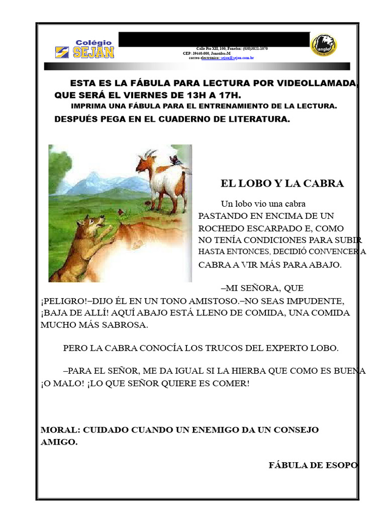 Fábula de Esopo: El Lobo y la Cabra | PDF