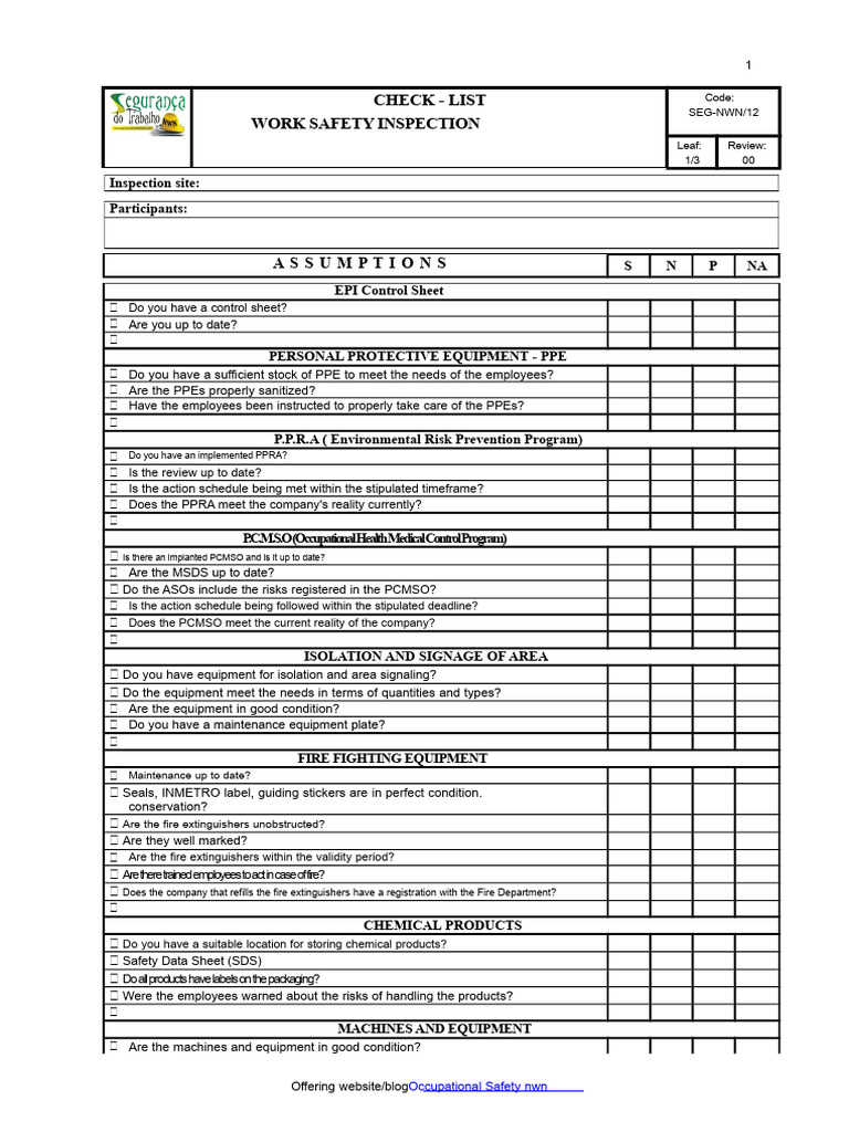 Work Safety Inspection Checklist | PDF | Personal Protective Equipment ...