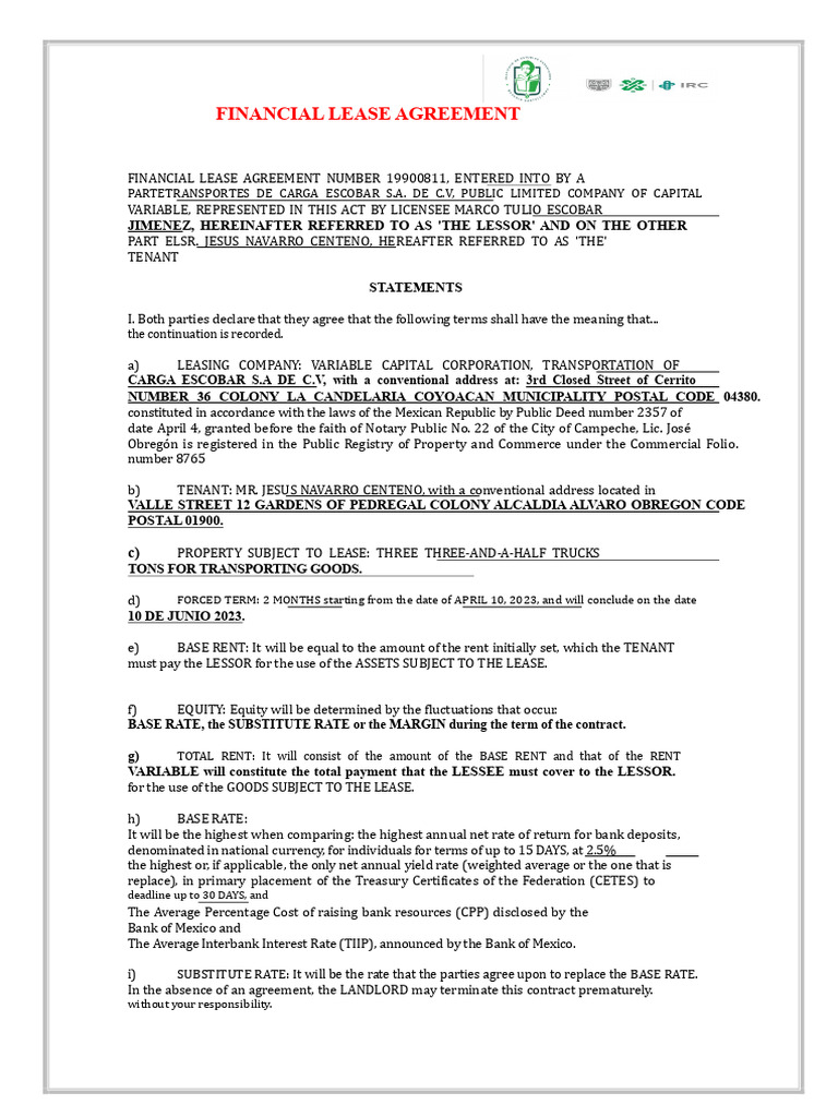 FINANCIAL LEASE AGREEMENT | PDF | Lease | Landlord