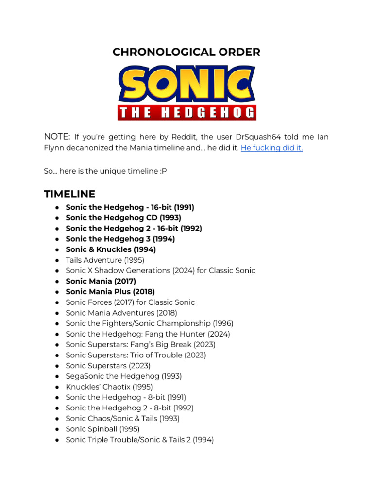 Sonic Timeline: Canonical Order Explained | PDF | Video Games ...