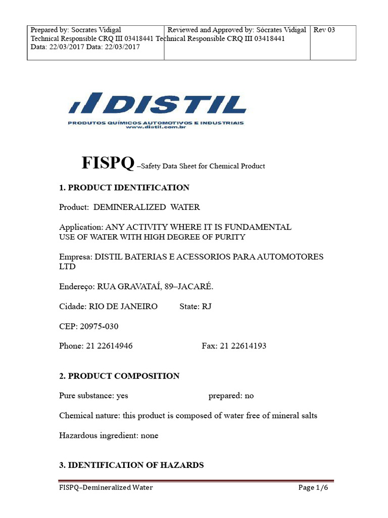 MSDS DEMINERALIZED DISTILLED WATER | PDF | Water Purification | Materials