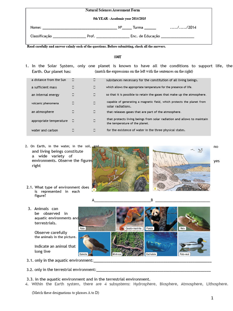 year 2014 15 _ 1st science test 5th grade final version | PDF | Natural ...