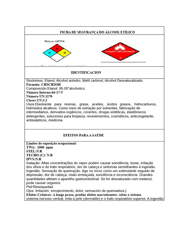 ficha técnica álcool etílico (1).docx | PDF | Metanol | Etanol