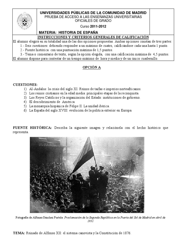 Examen Historia España Madrid 2011 | PDF | España | Madrid