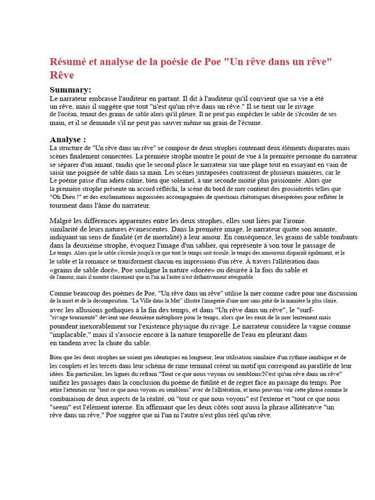 Analyse de "Un rêve dans un rêve" de Poe | PDF | Rêve | Dieu
