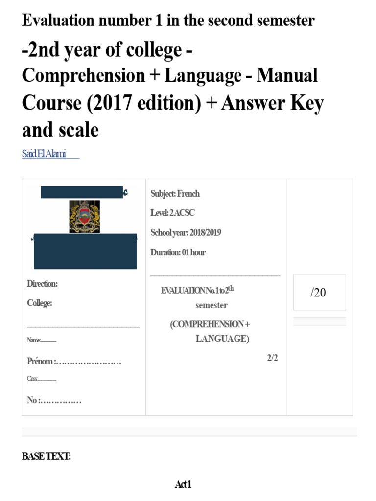 French Evaluation 2nd Year College | PDF | Linguistics
