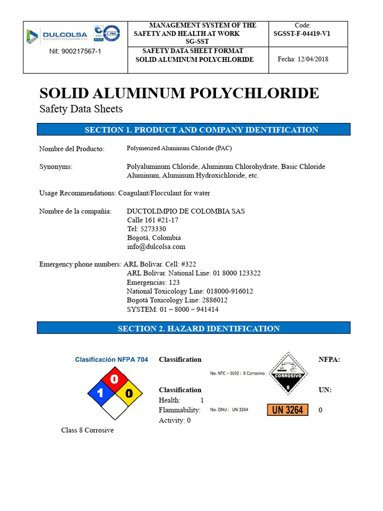 Sgsst-f-04419-V1 Safety Data Sheet Solid Aluminum Polychloride | PDF ...