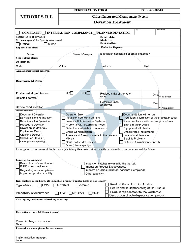 Ac-005-04 Deviation Treatment Registration Form | PDF | Risk | Business