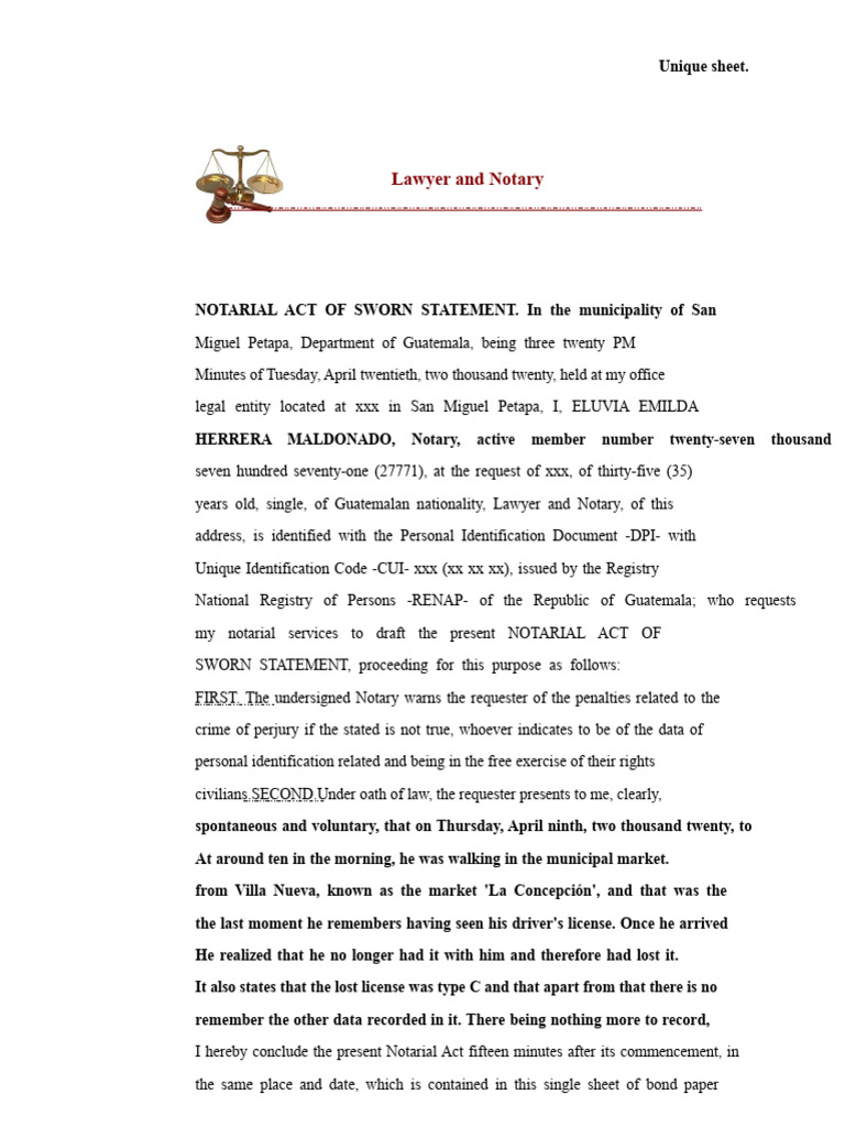Sworn Statement For Loss of Driver's License | PDF | Notary Public ...