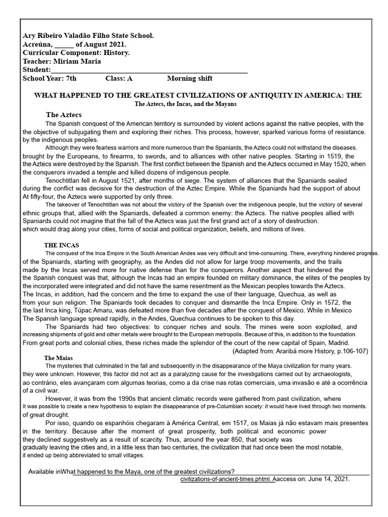 Activity 02 - 7th Grade - HIS - The Conquest of Spanish America | PDF ...