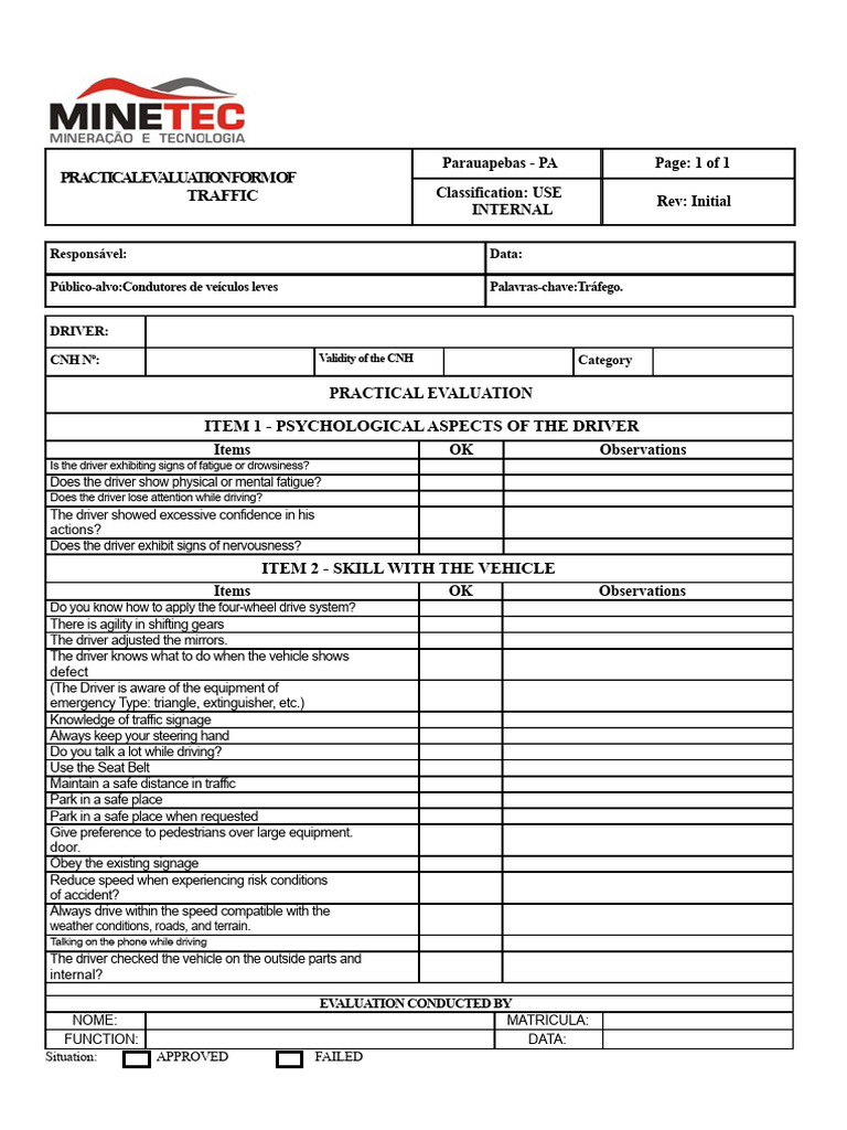 Traffic Practical Evaluation Form | PDF | Traffic | Driving