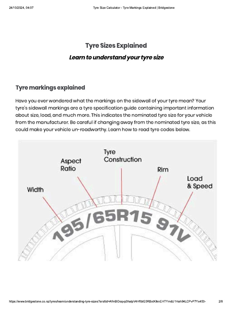 Tyre Size Calculator - Tyre Markings Explained - Bridgestone | PDF