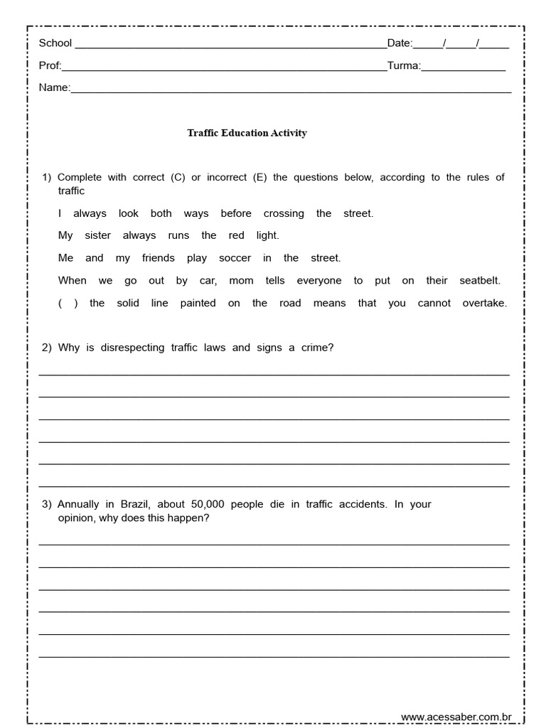 Traffic Education Activity Worksheet | PDF