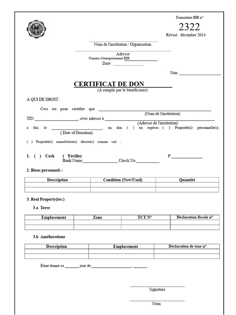 Certificat de Don BIR n° 2322 | PDF