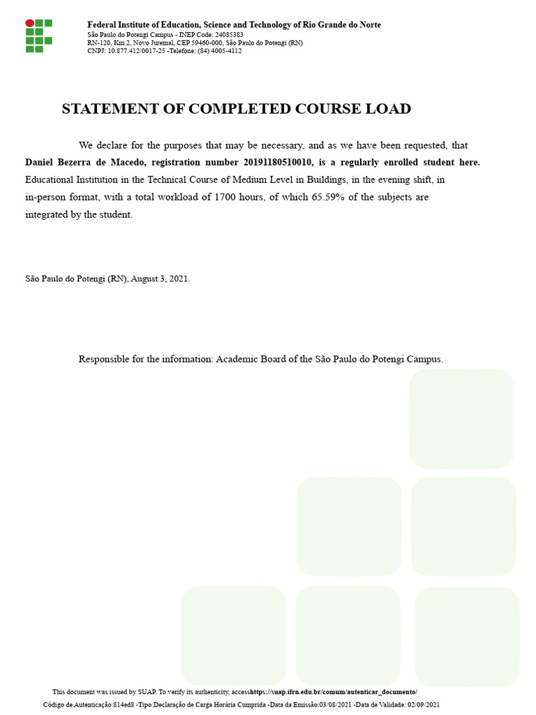 Course Load Statement for Daniel Macedo | PDF