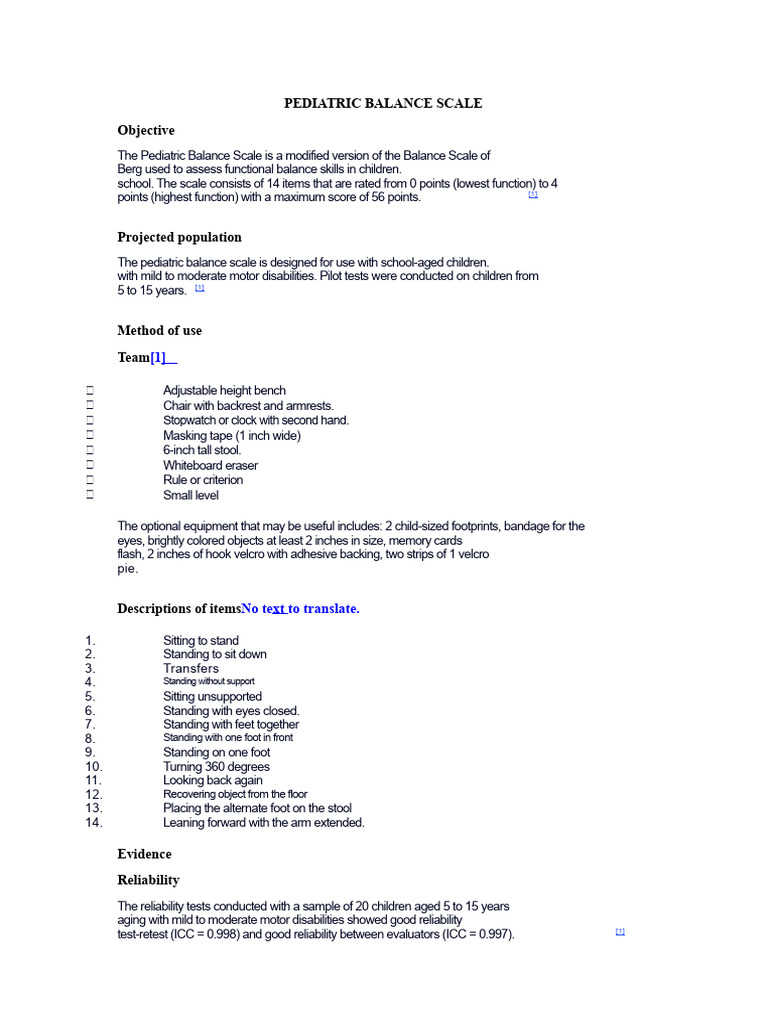 PEDIATRIC BALANCE SCALE | PDF | Validity (Statistics)