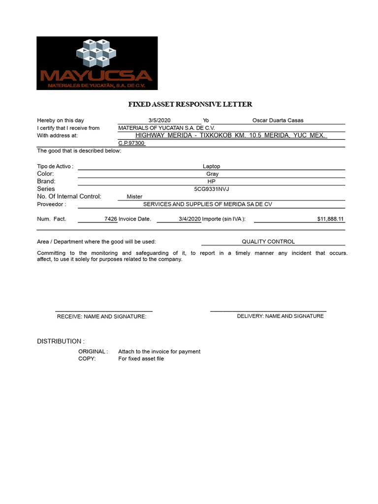 Fixed Asset Receipt for Laptop | PDF