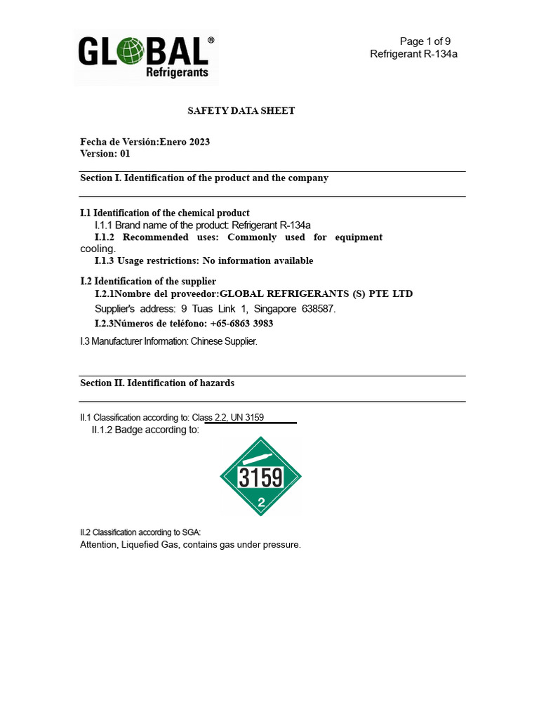 R-134a Refrigerant Safety Data Sheet | PDF | Toxicity | Atmosphere Of Earth