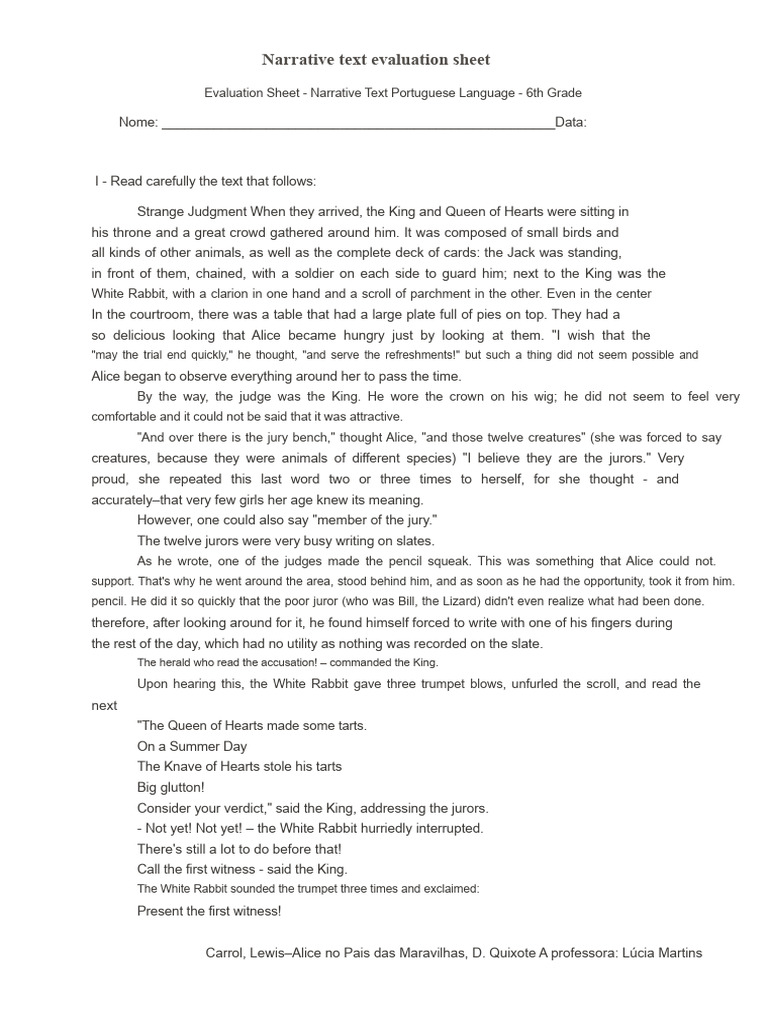 6th Grade Narrative Text Evaluation Sheet | PDF | Grammatical Gender ...