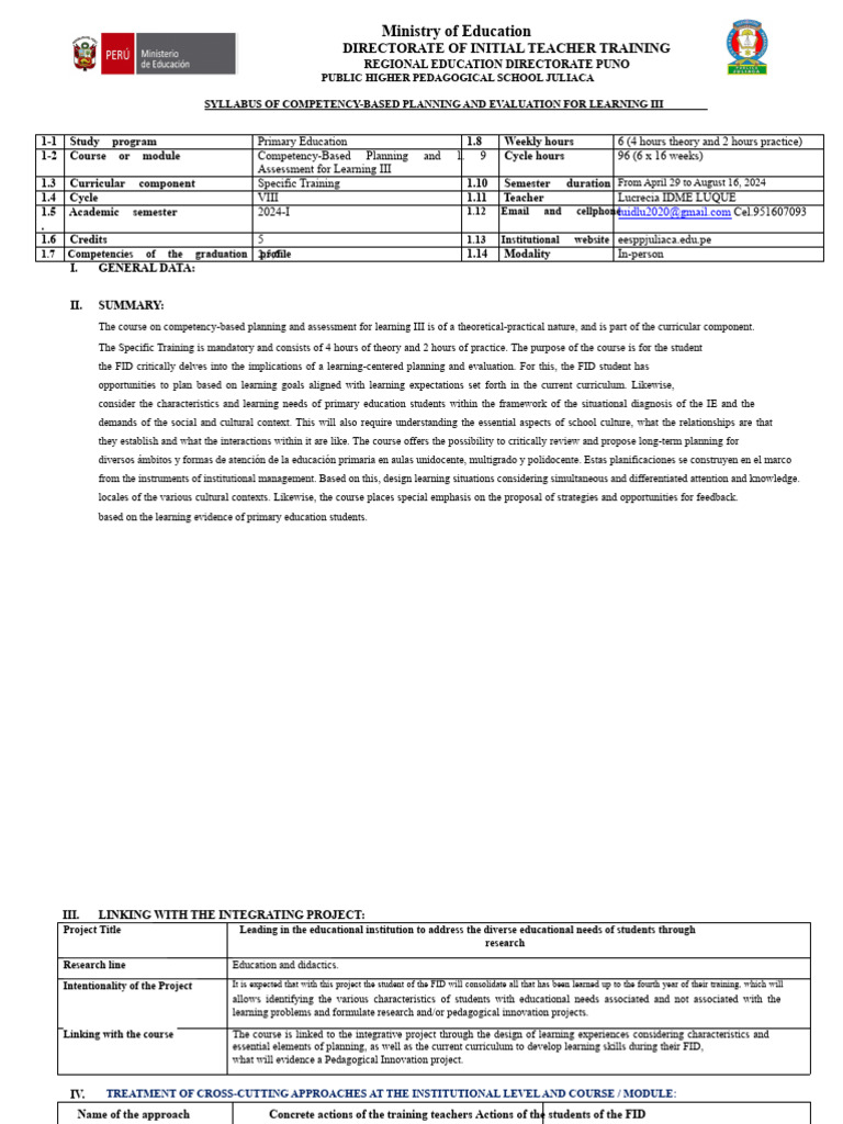 Syllabus of Planning for Competency and Evaluation for Learning VIII ...